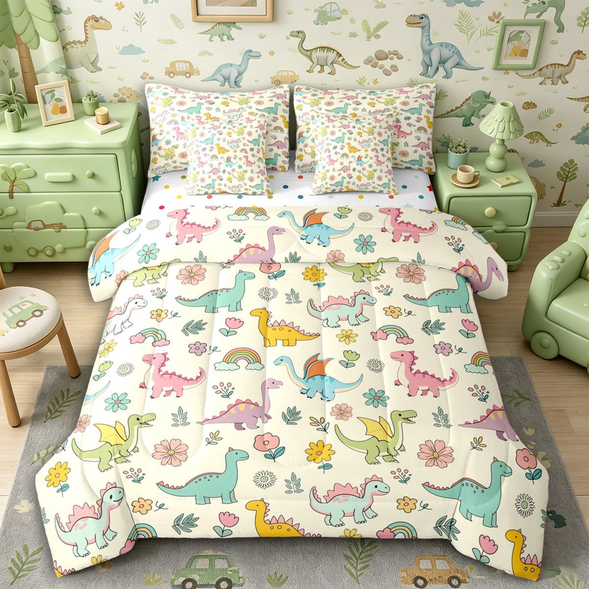 Aikeke Cute Dinosaur Queen Bedding 7pcs, Kawaii Floral Rainbow Animal ...