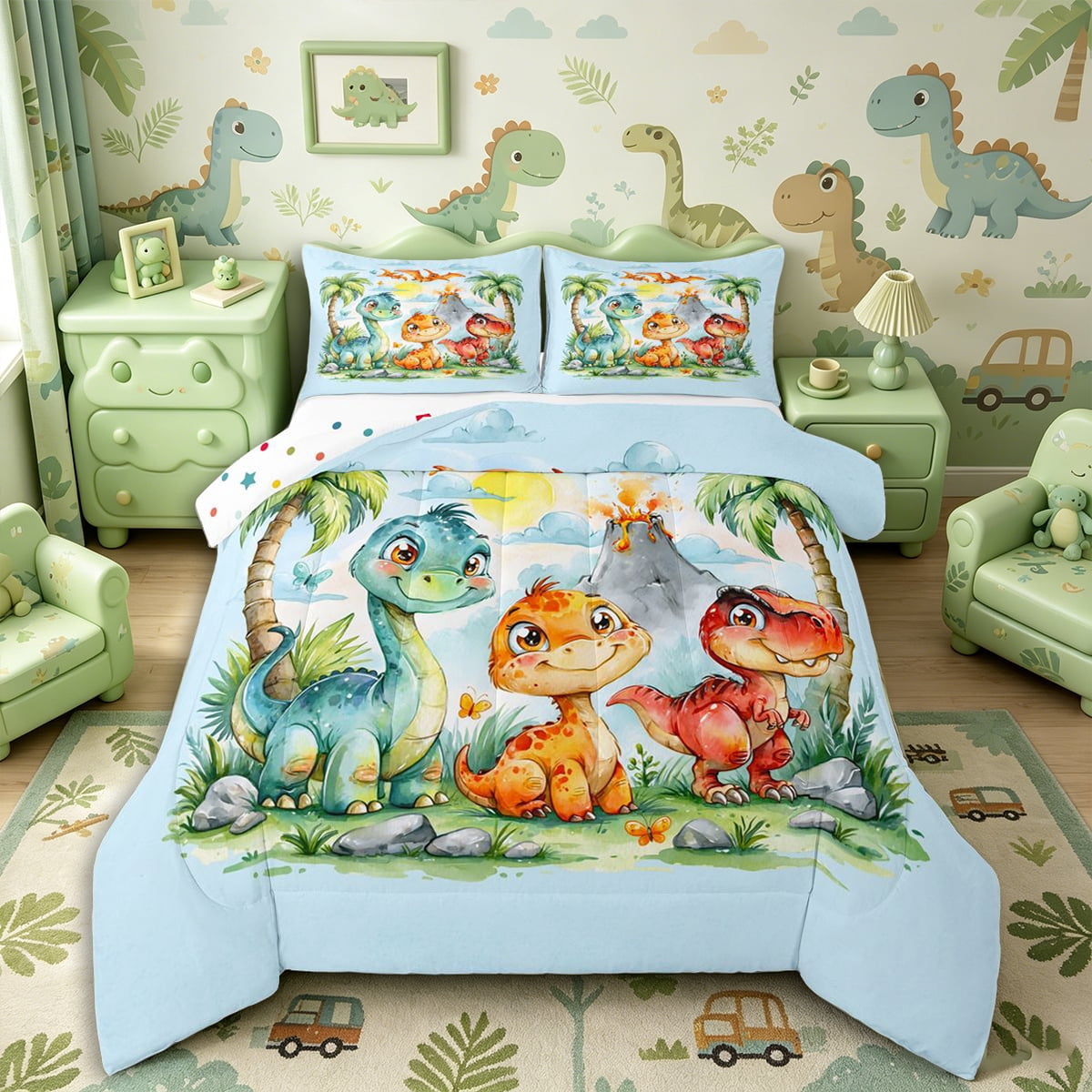 Aikeke Cute Dinosaur Queen Comforter Set 3 Pieces, Watercolor Dino ...