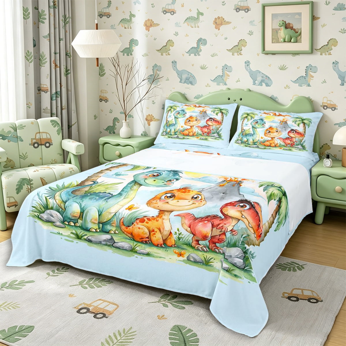 Aikeke Cute Dinosaur Queen Sheets 4 Pieces, Watercolor Dino Queen Sheet ...