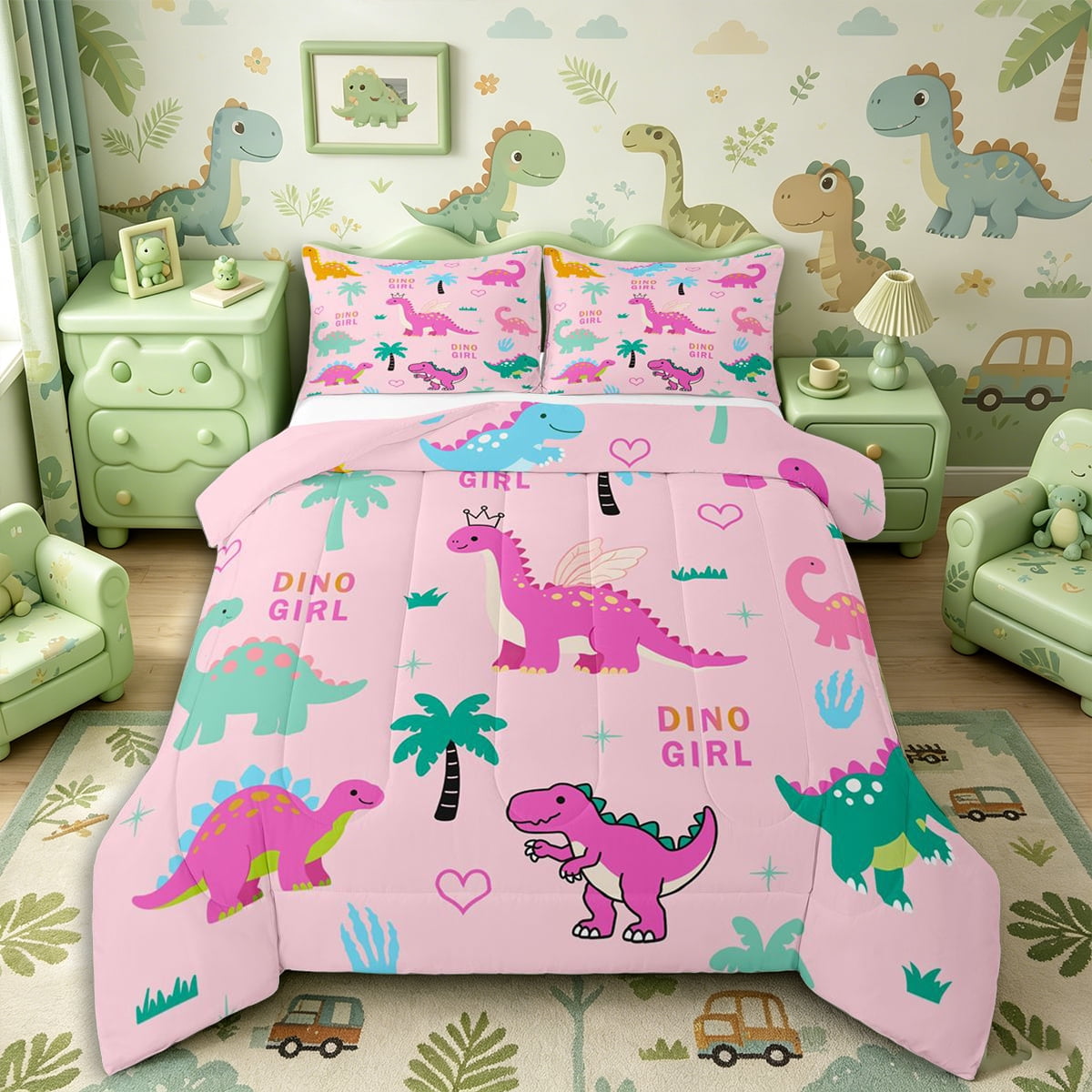 Aikeke Cute Dinosaurs Queen Comforter Set 3 Pieces, Pink Dino Green ...