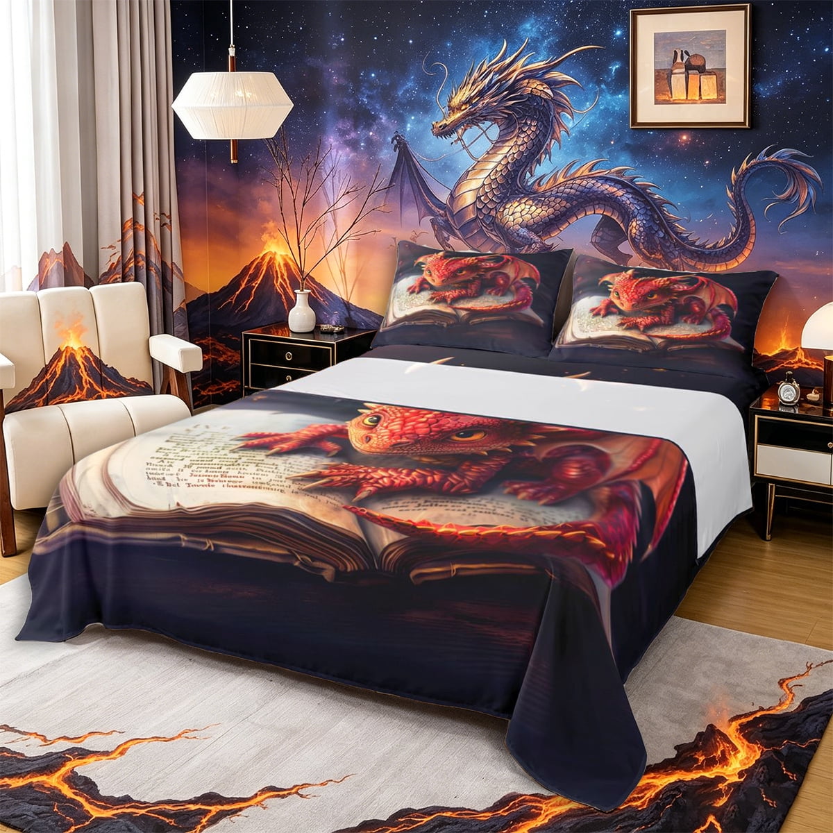 Aikeke Cute Dragon King Sheets 4pcs, Vintage Library Animal Bedding ...