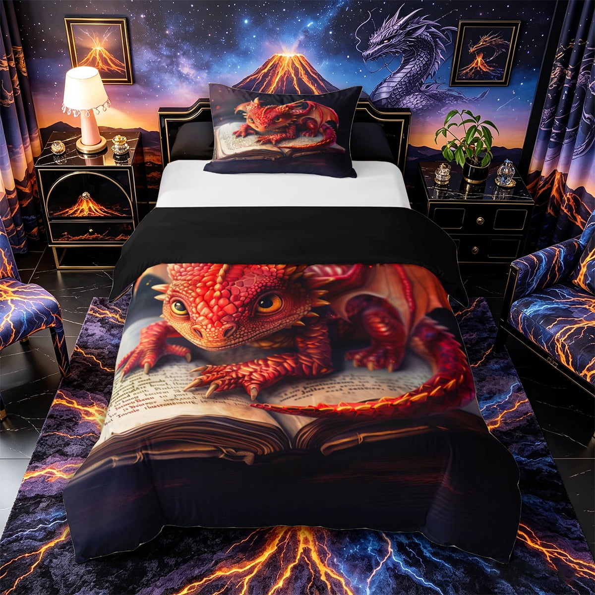 Aikeke Cute Dragon Twin Duvet Cover, Vintage Library Animal Twin ...