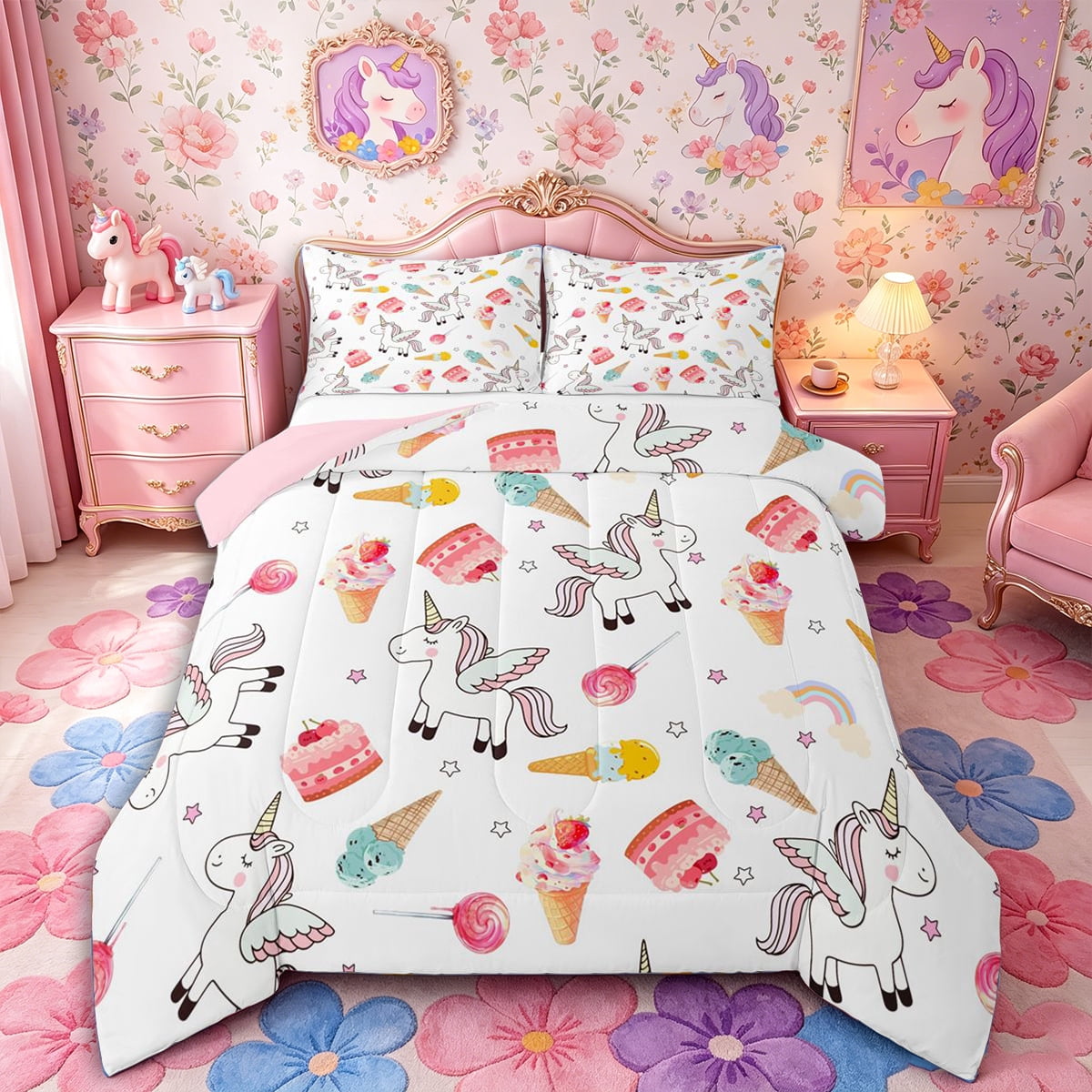 Aikeke Cute Magic Horse Queen Comforter Set 3 Pieces, Dessert Ice Cream ...