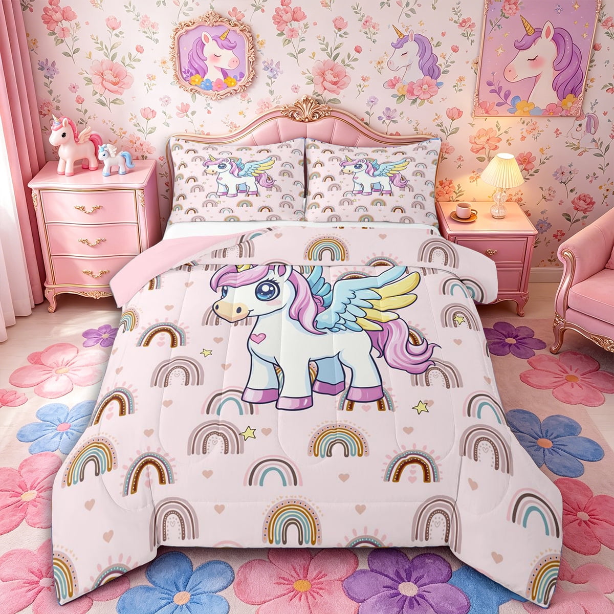 Aikeke Cute Rainbow Unicorn Queen Comforter Set 3 Pieces, Cartoon ...