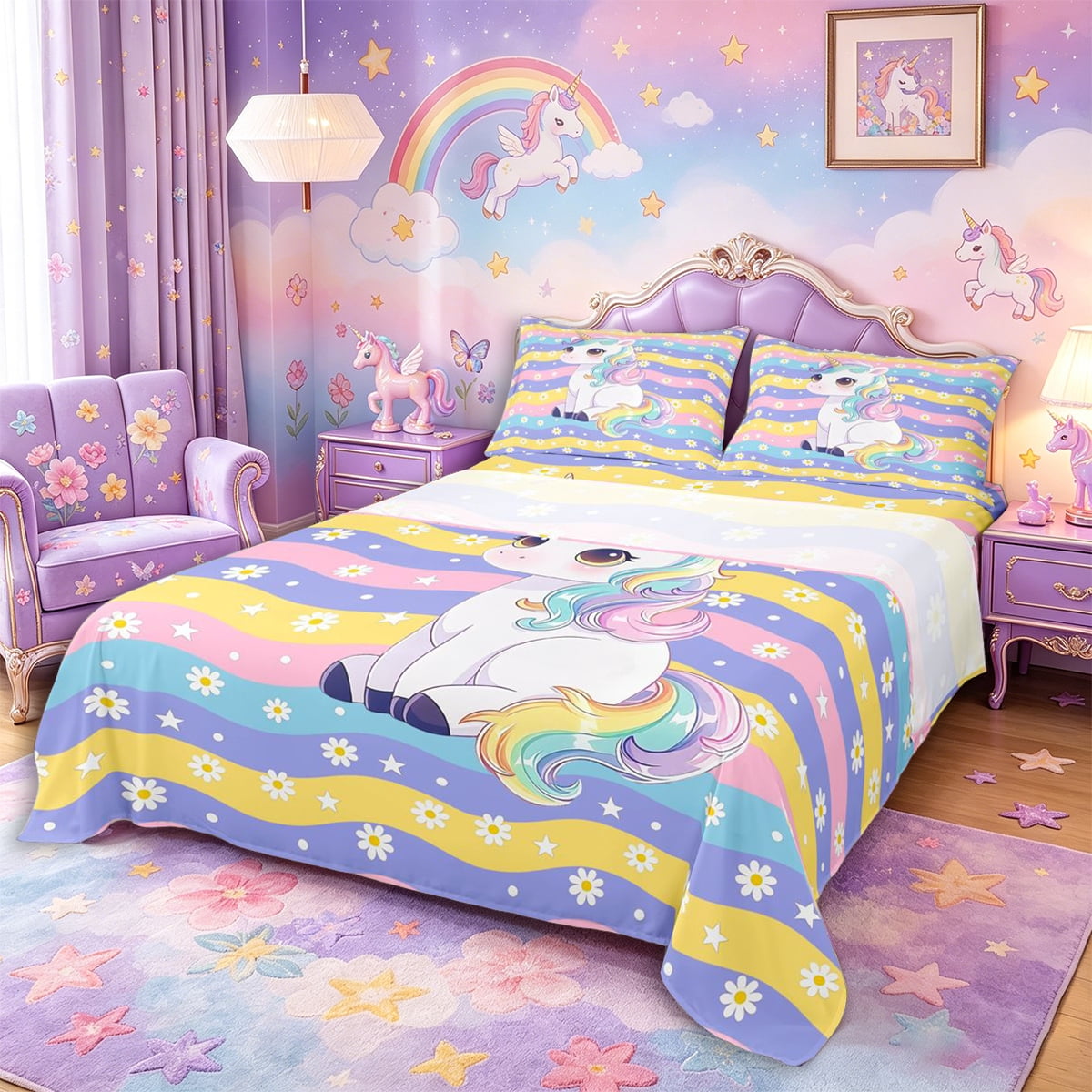 Aikeke Cute Unicorn Bed Sheets 4-Piece, Colorful Stripes Daisy Full ...