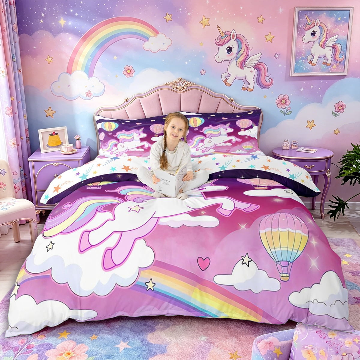 Aikeke Cute Unicorn Bedding, Cartoon Rainbow Hot Air Balloon Duvet ...