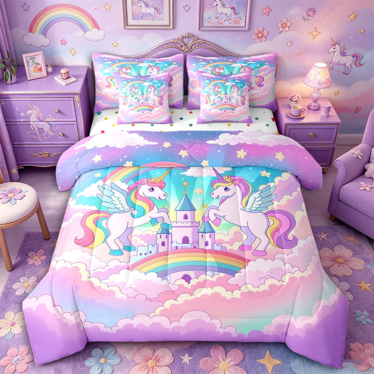 Aikeke Cute Unicorn Full Size Bedding Sets 7 Pieces, Princess Castle ...