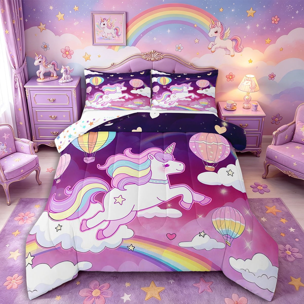 Aikeke Cute Unicorn Full Size Comforter Sets 3-Piece, Cartoon Rainbow ...