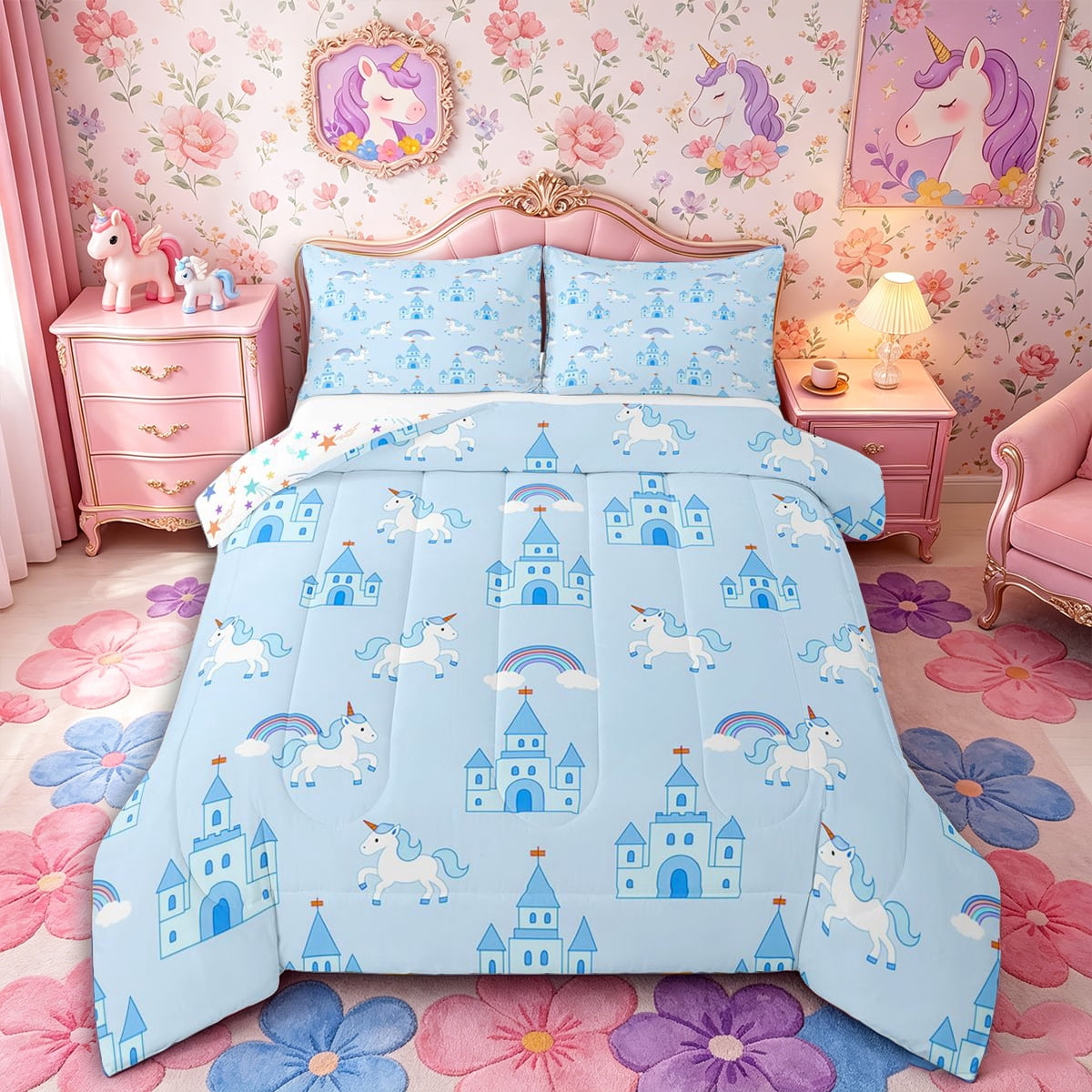 Aikeke Cute Unicorn Full Size Comforter Sets 3-Piece, Princess Rainbow ...
