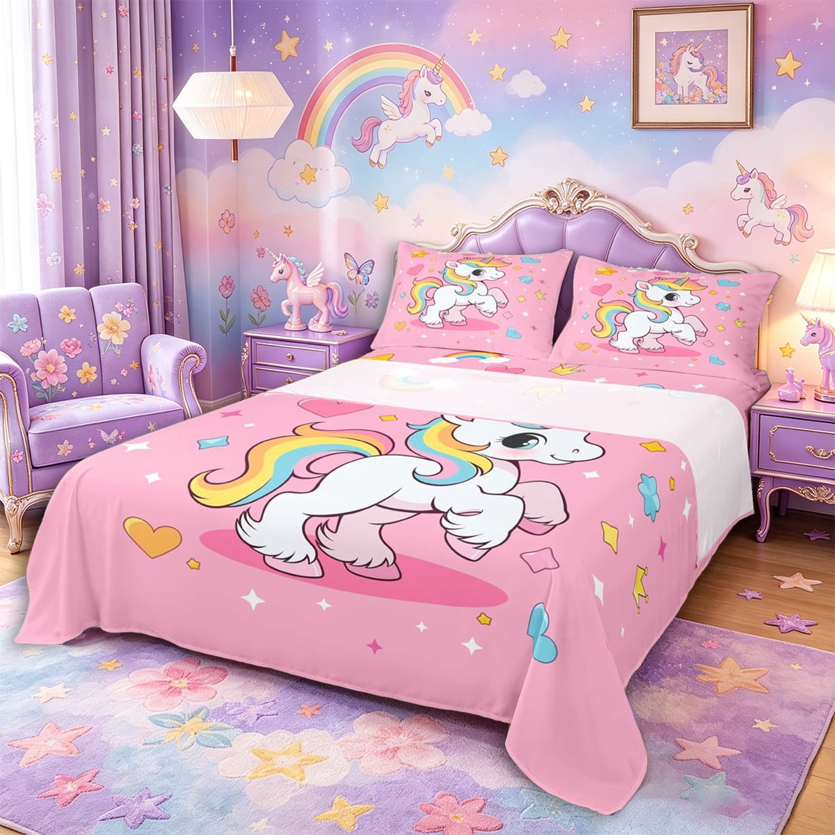 Aikeke Cute Unicorn King Sheets 4pcs, Cartoon Animal Bedding,1 Fitted ...