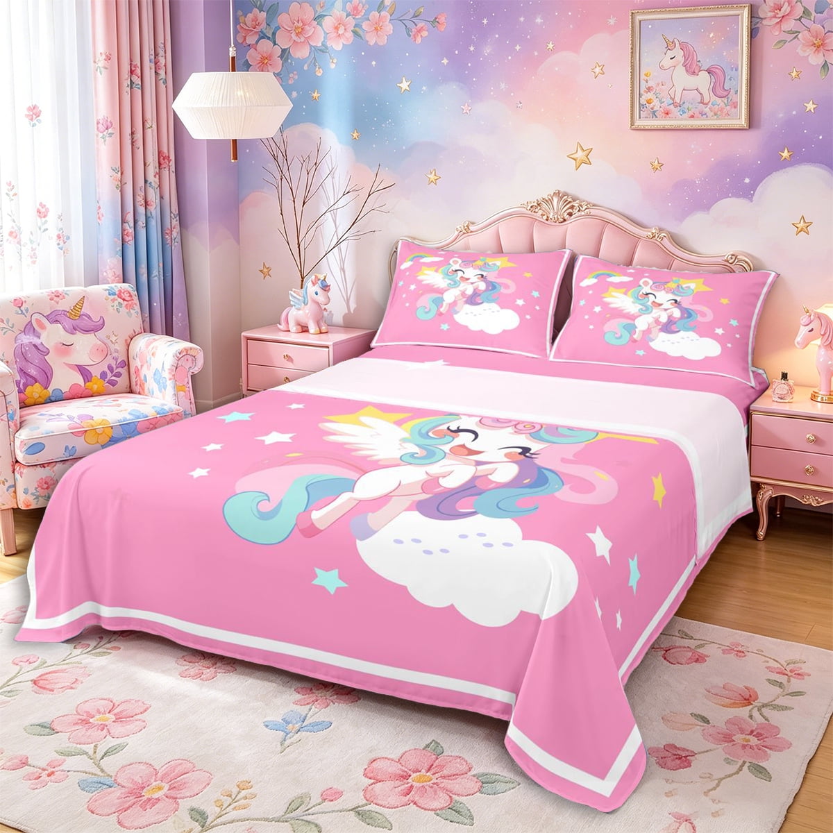 Aikeke Cute Unicorn King Sheets 4pcs, Cartoon Rainbow Animal Bedding,1 ...