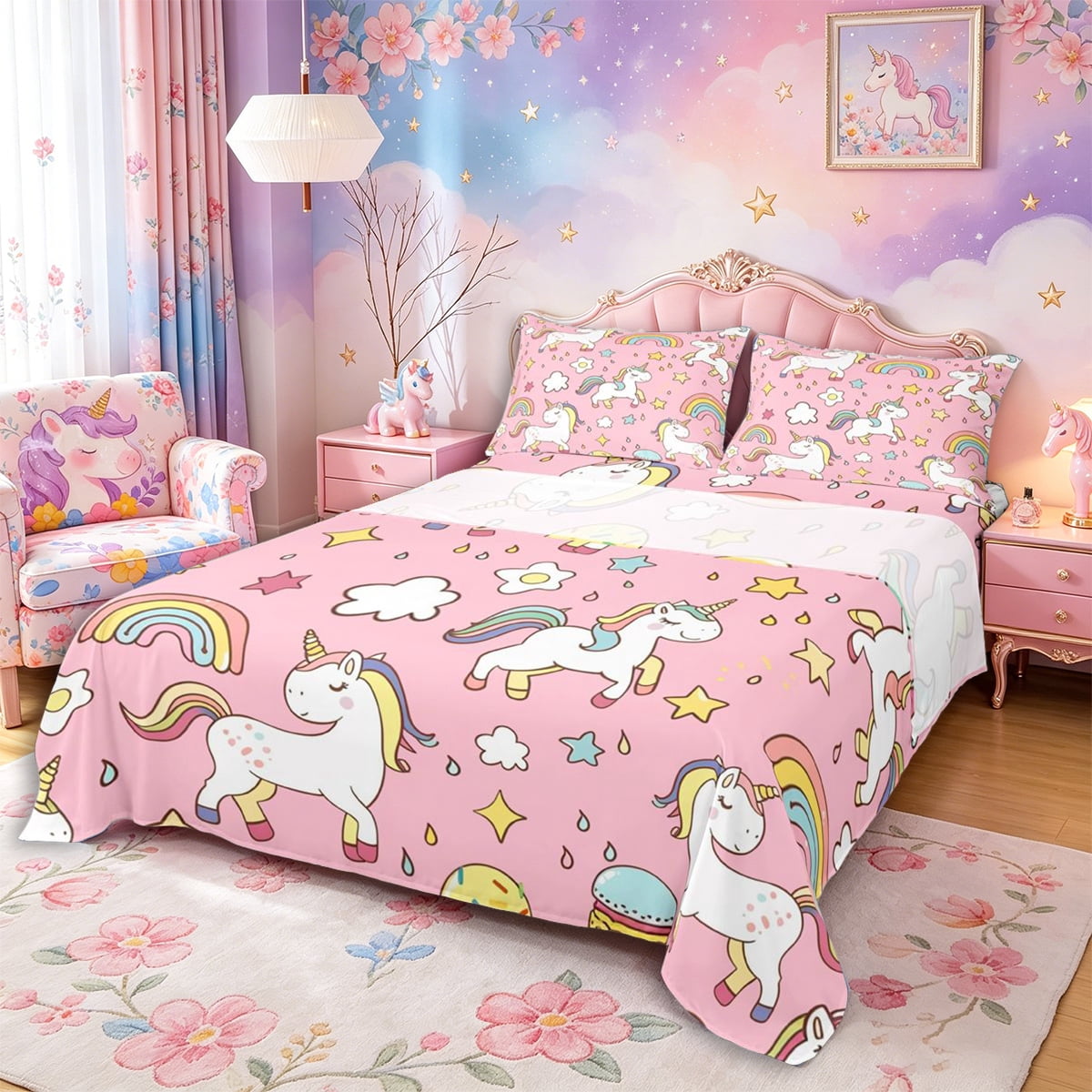 Aikeke Cute Unicorn King Sheets 4pcs, Dreamy Rainbow Stars Print ...