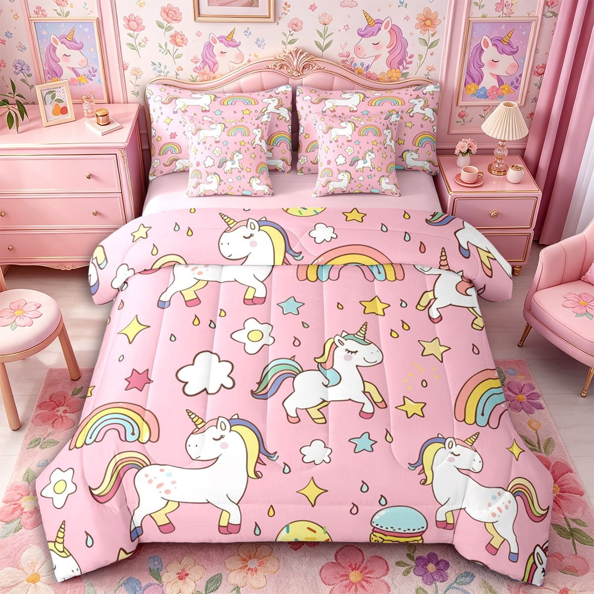 Aikeke Cute Unicorn Queen Bedding 7pcs, Dreamy Rainbow Stars Print ...