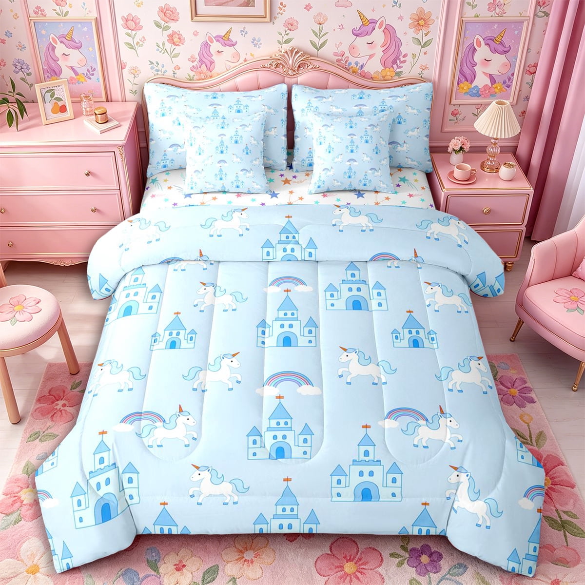 Aikeke Cute Unicorn Queen Bedding 7pcs, Princess Rainbow Castle Bedding ...