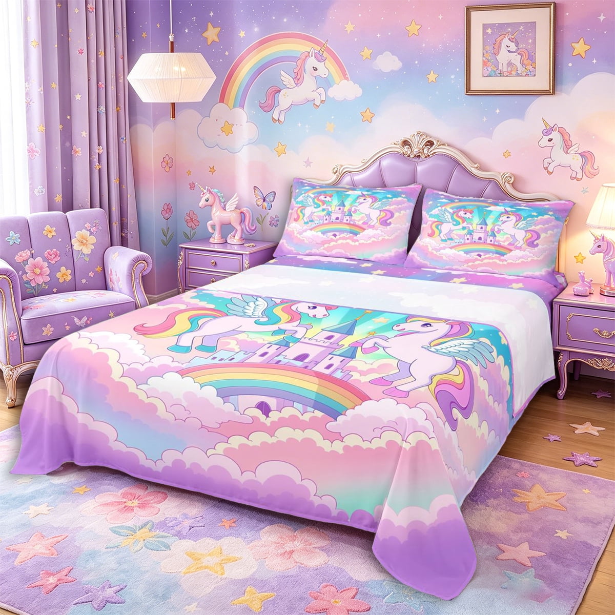 Aikeke Cute Unicorn Queen Sheets 4 Pieces, Princess Castle Rainbow ...