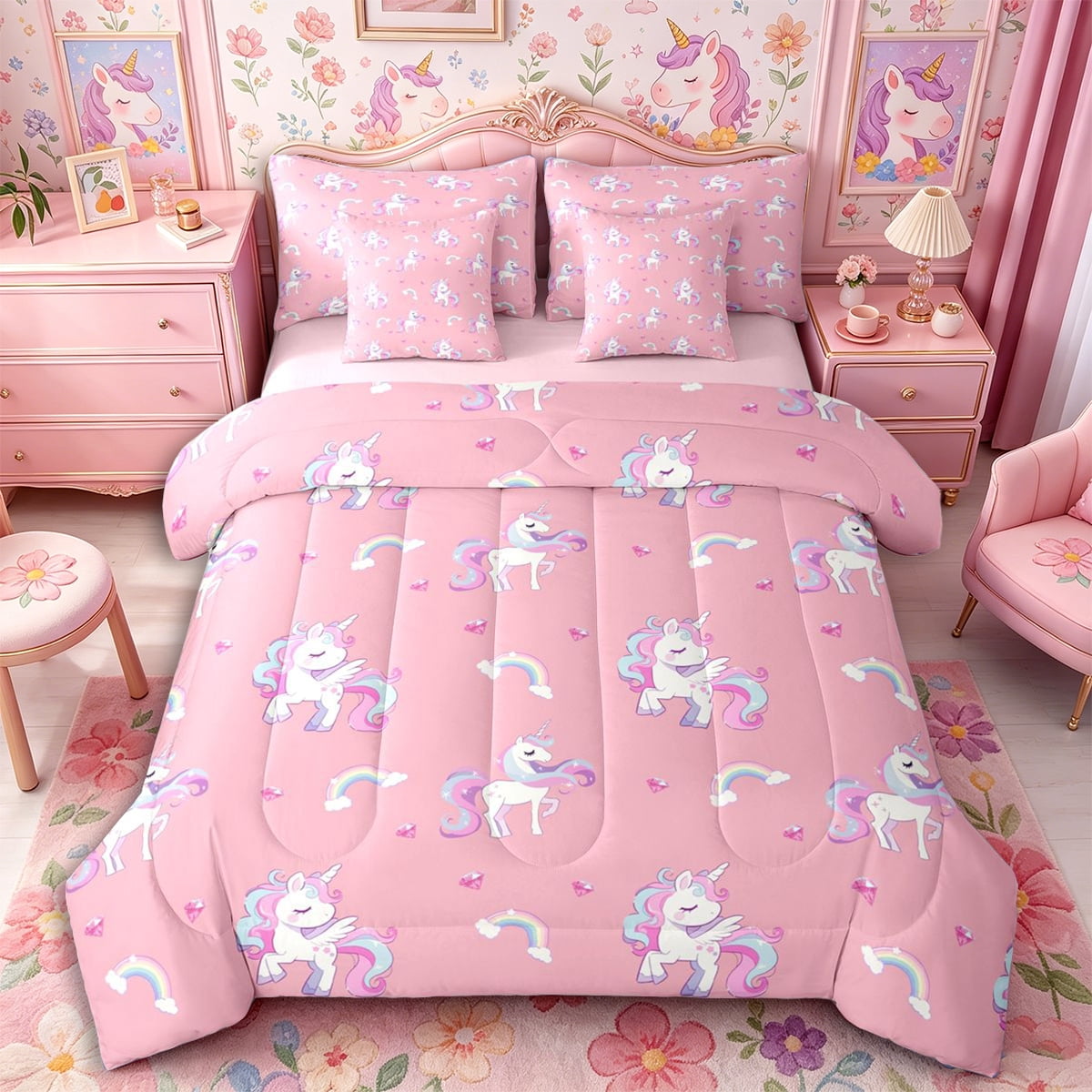 Aikeke Cute Unicorn Rainbow Full Size Bedding Sets 7 Pieces, Dreamy ...