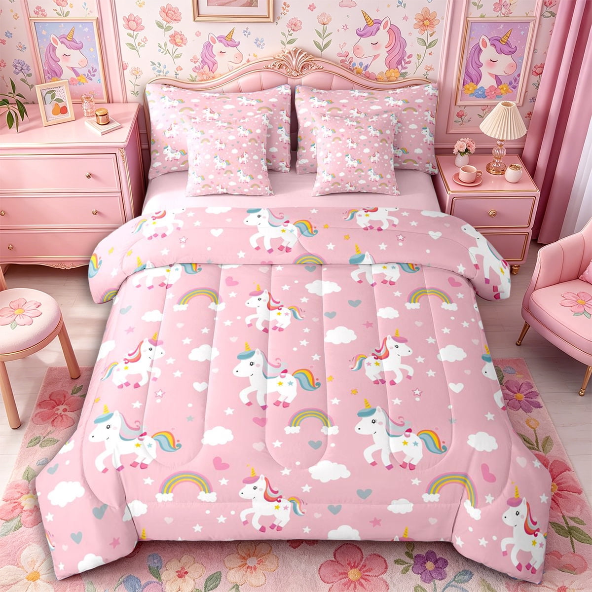 Aikeke Cute Unicorn Rainbow Twin Bedding 7-Piece, Love Heart Stars ...