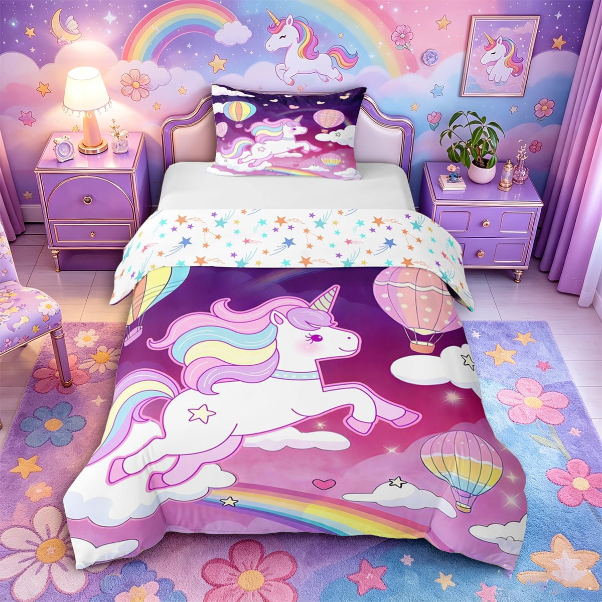 Aikeke Cute Unicorn Twin Duvet Cover, Cartoon Rainbow Hot Air Balloon ...