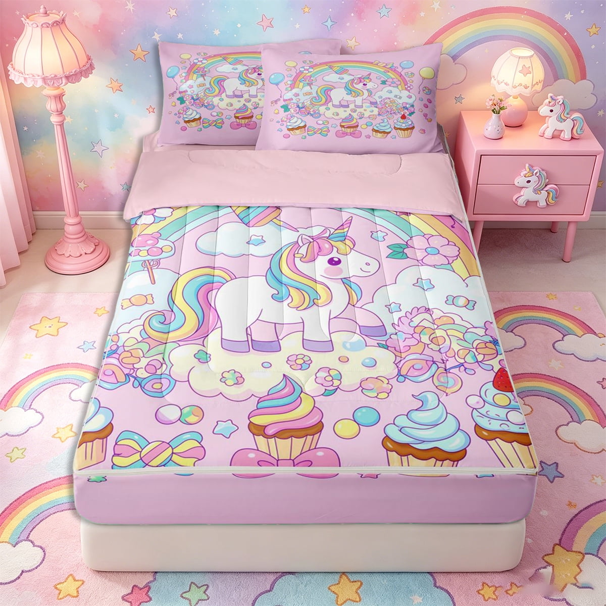 Metsweet Cute Unicorn Zipper Full Size Comforter Sets with Fitted Sheet ...