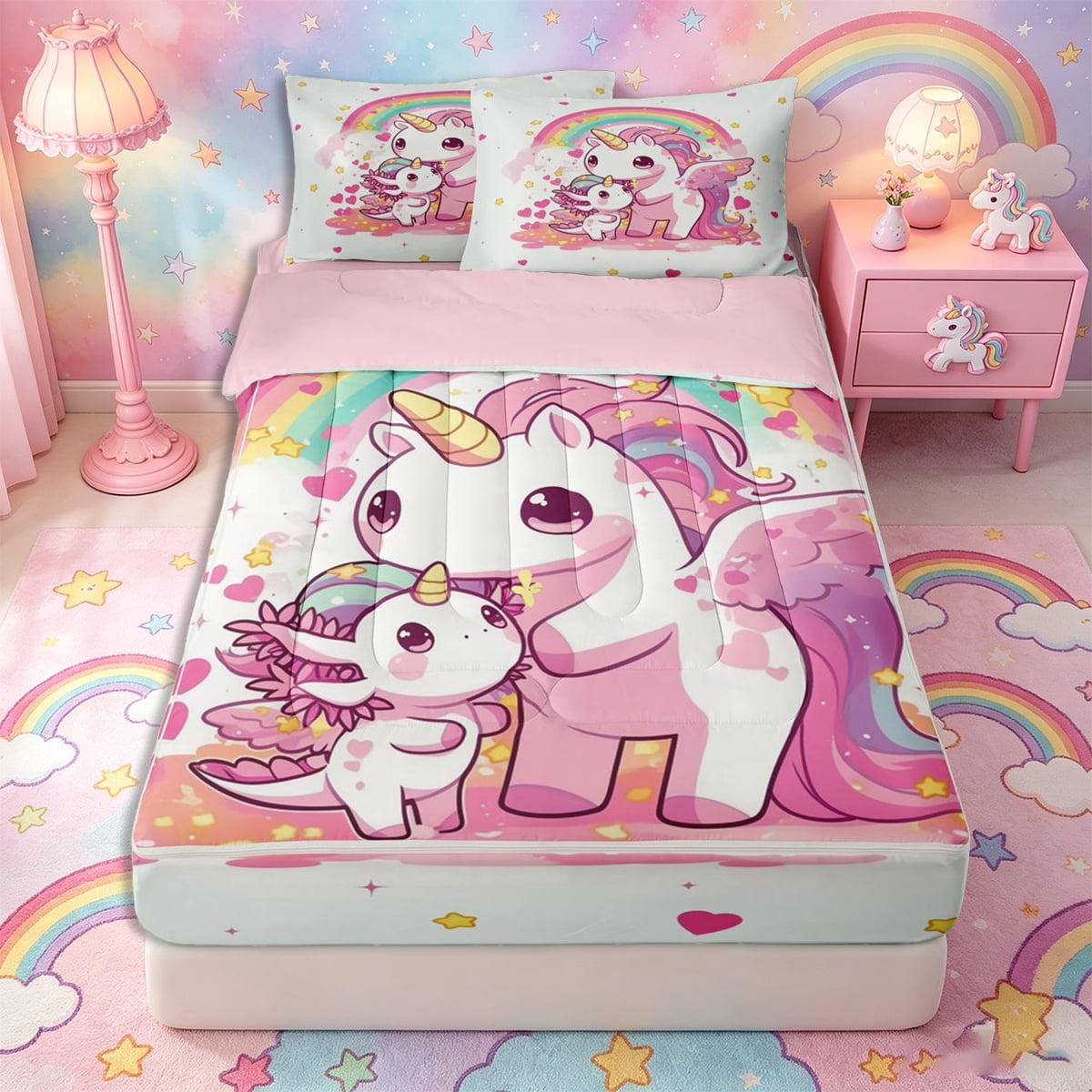 Metsweet Cute Unicorn Zipper Twin Comforter Sets with Fitted Sheet and ...