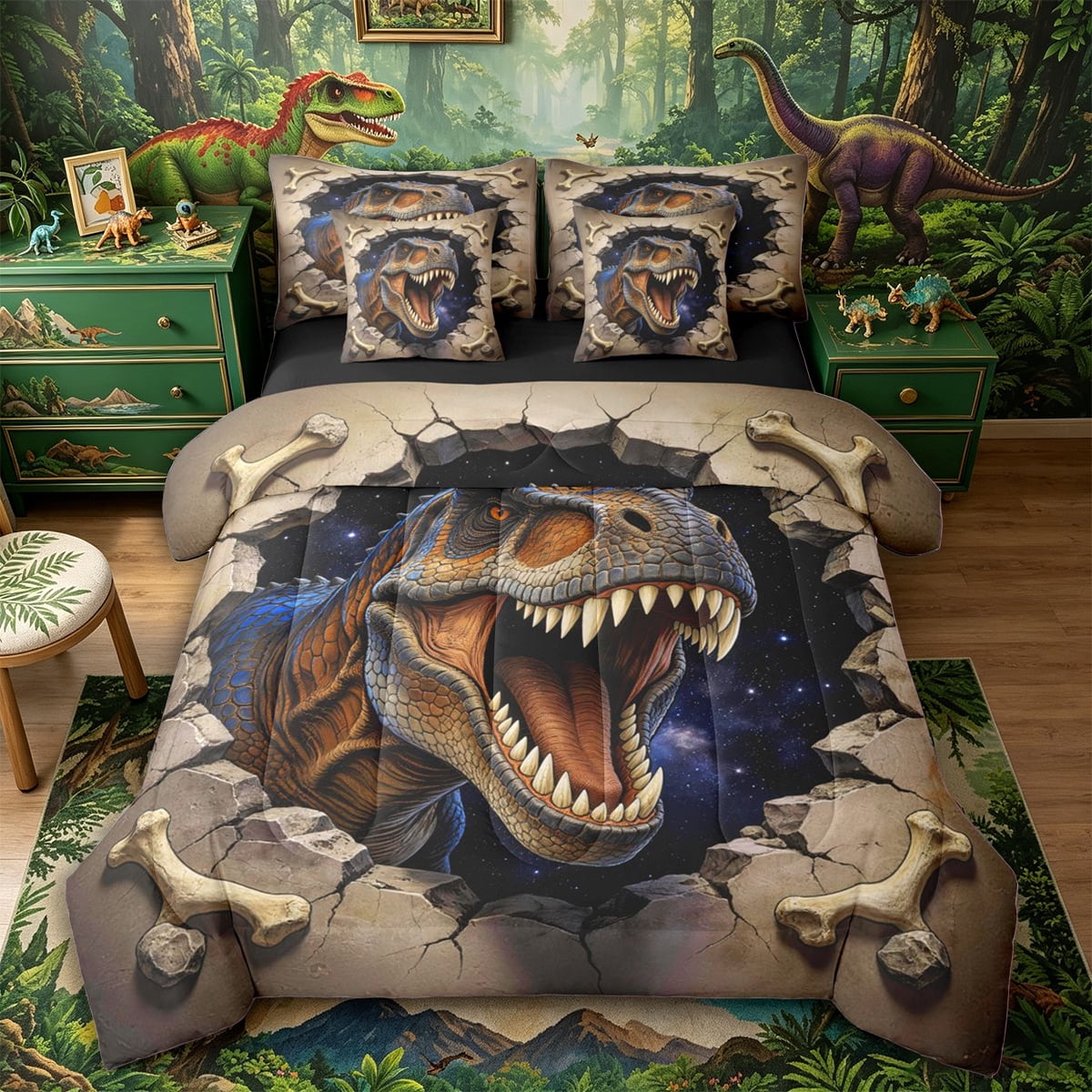 Aikeke Dino T-Rex King Bedding 7pcs, Galaxy Starry Sky King Bed in a ...