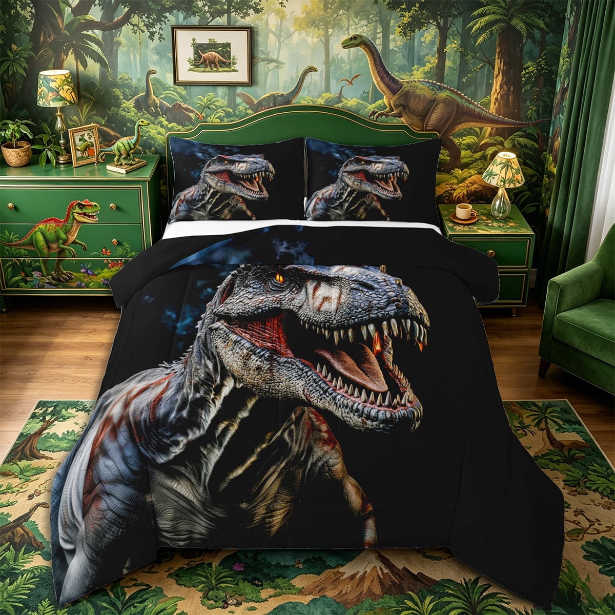 Aikeke Dino T-Rex Queen Comforter Set 3 Pieces, Wildlife Dinosaur ...