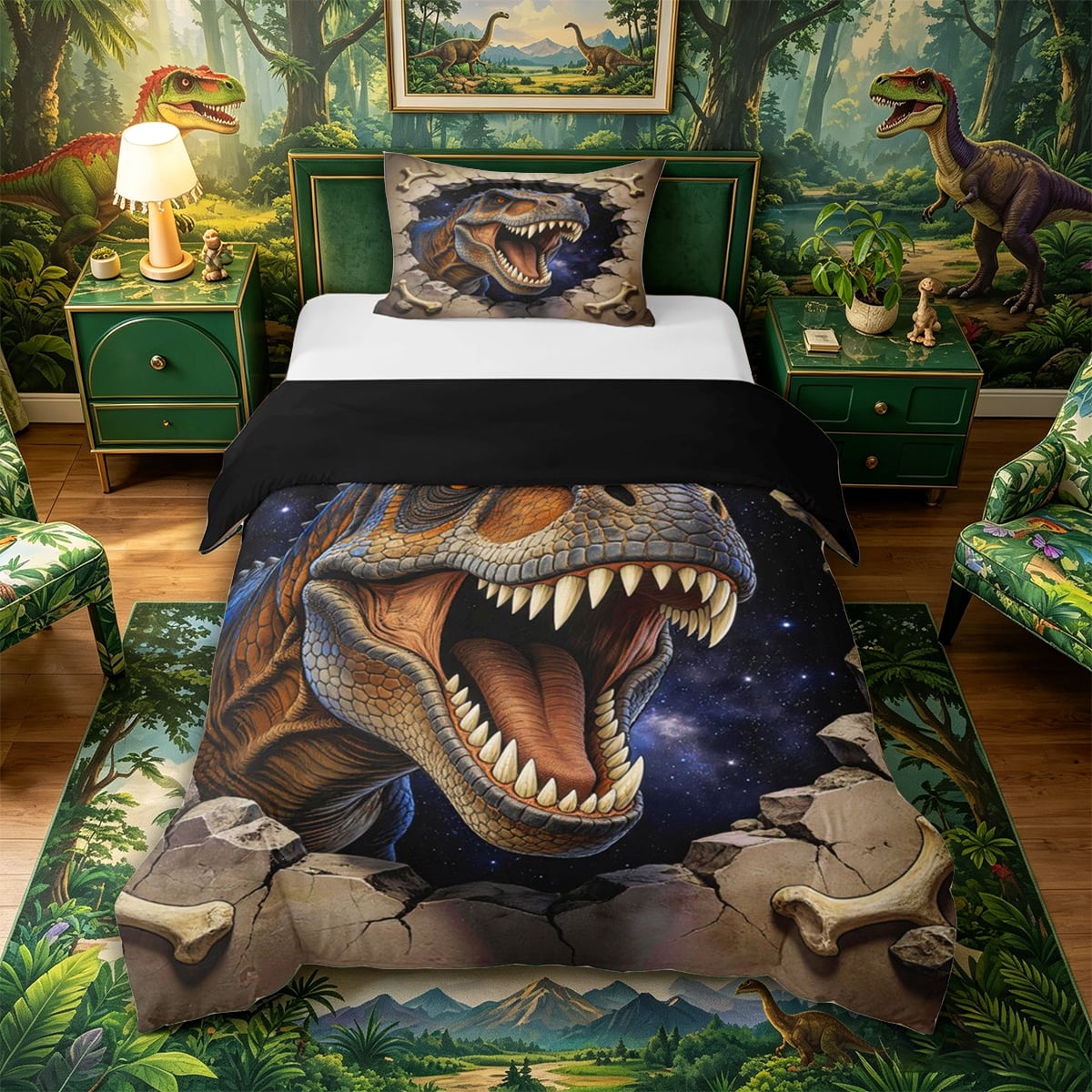 Aikeke Dino T-Rex Twin Duvet Cover, Galaxy Starry Sky Twin Bedding ...