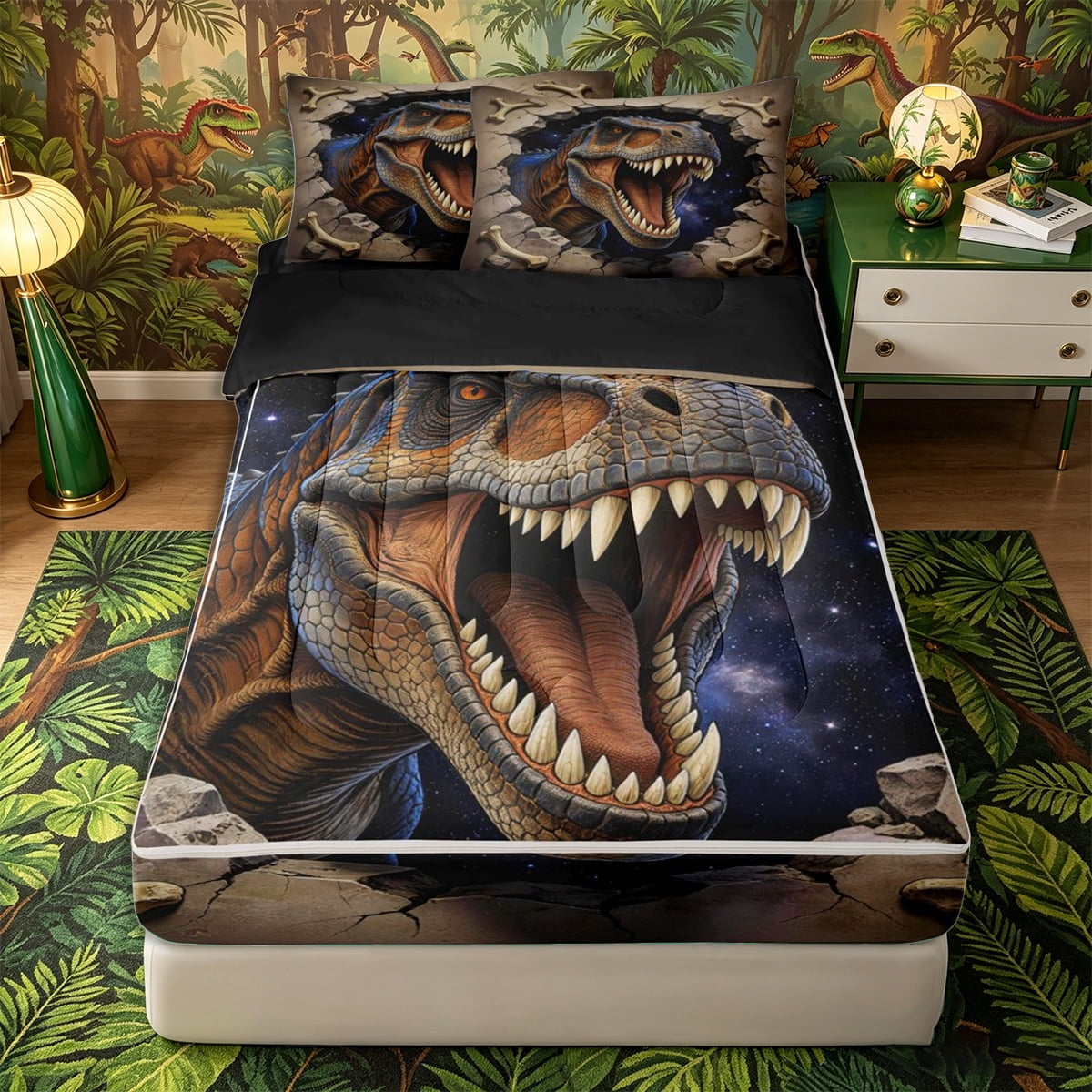 Metsweet Dino T-Rex Zipper Twin Comforter Sets with Fitted Sheet and 2 ...