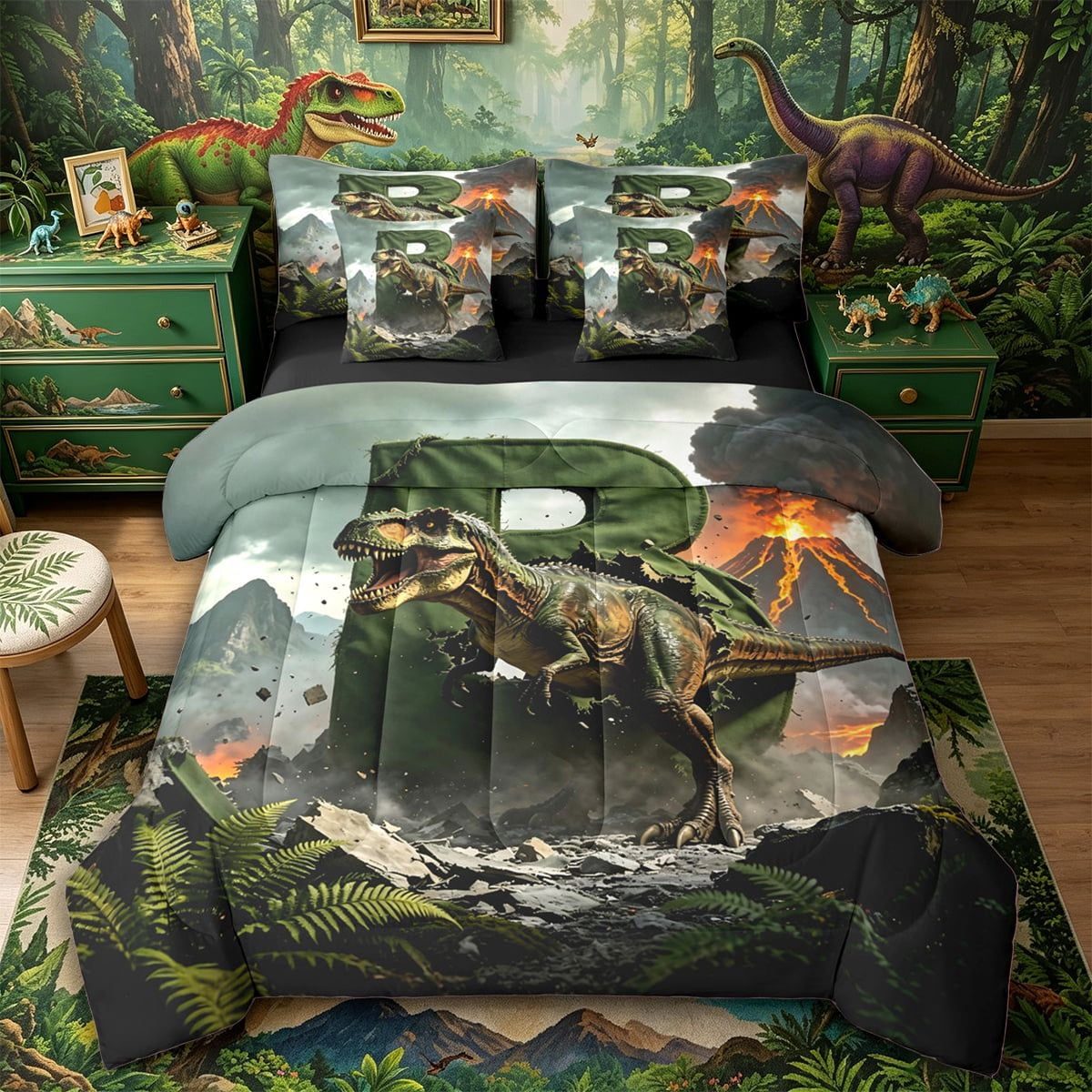 Aikeke Dino Tyrannosaurus Rex Full Size Bedding Sets 7 Pieces, Volcano ...