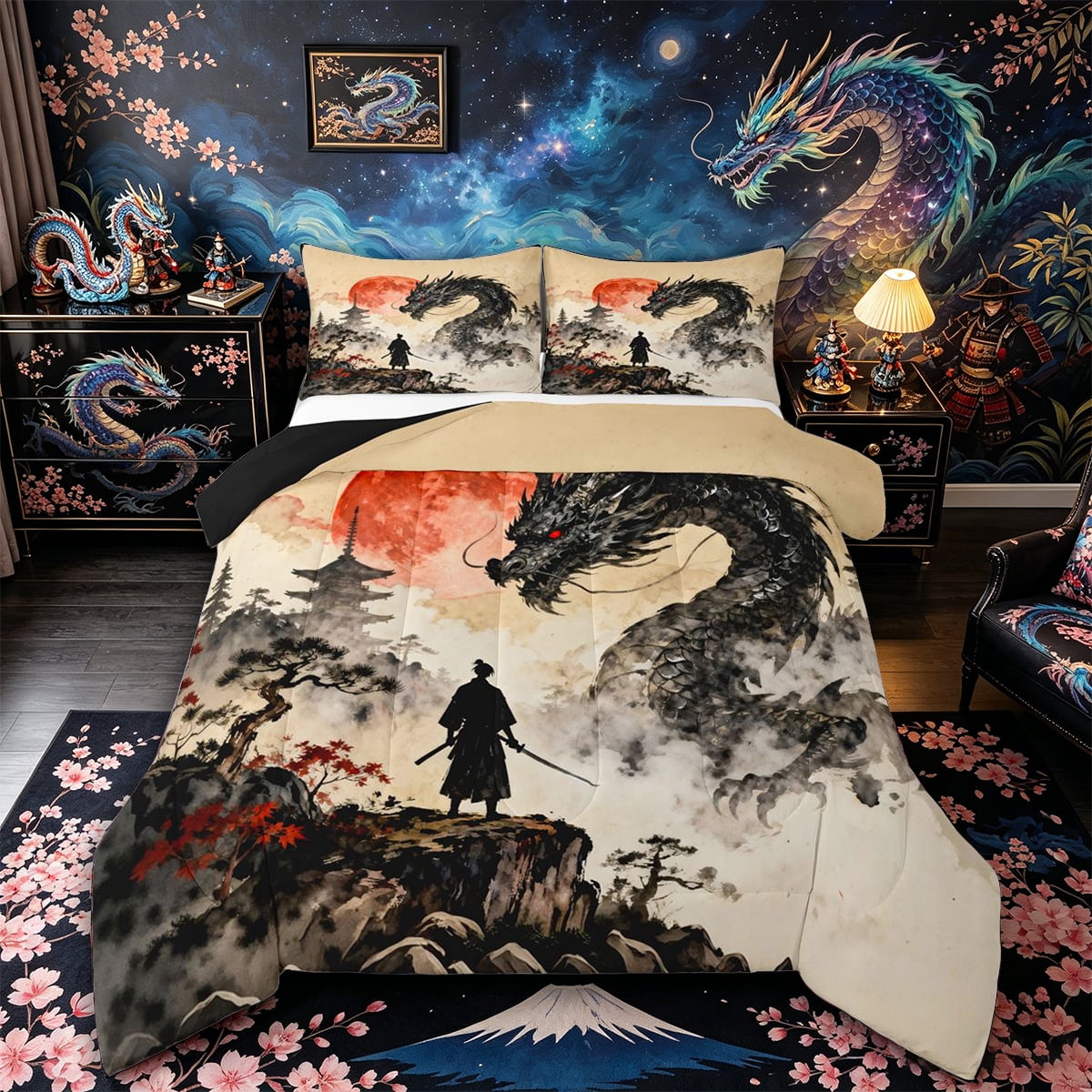 Aikeke Dragon Samurai Full Size Comforter Sets 3-Piece, Japanese Style ...
