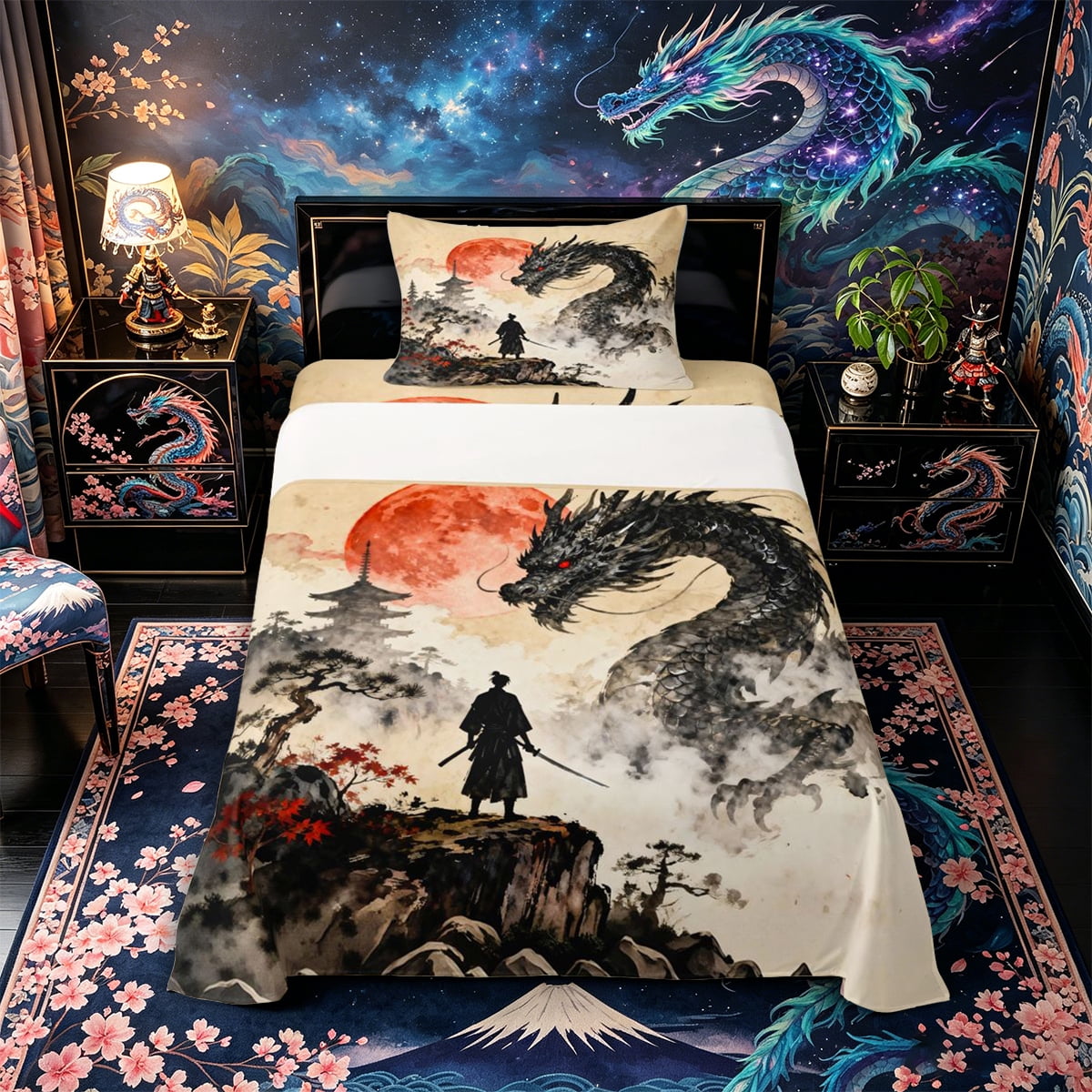 Aikeke Dragon Samurai Twin Sheets 3pcs, Japanese Style Bedding, Black ...