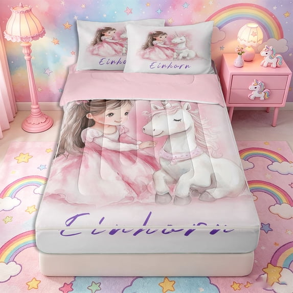 Metsweet Dreamy Pink Unicorn Zipper Full Size Comforter Sets with ...