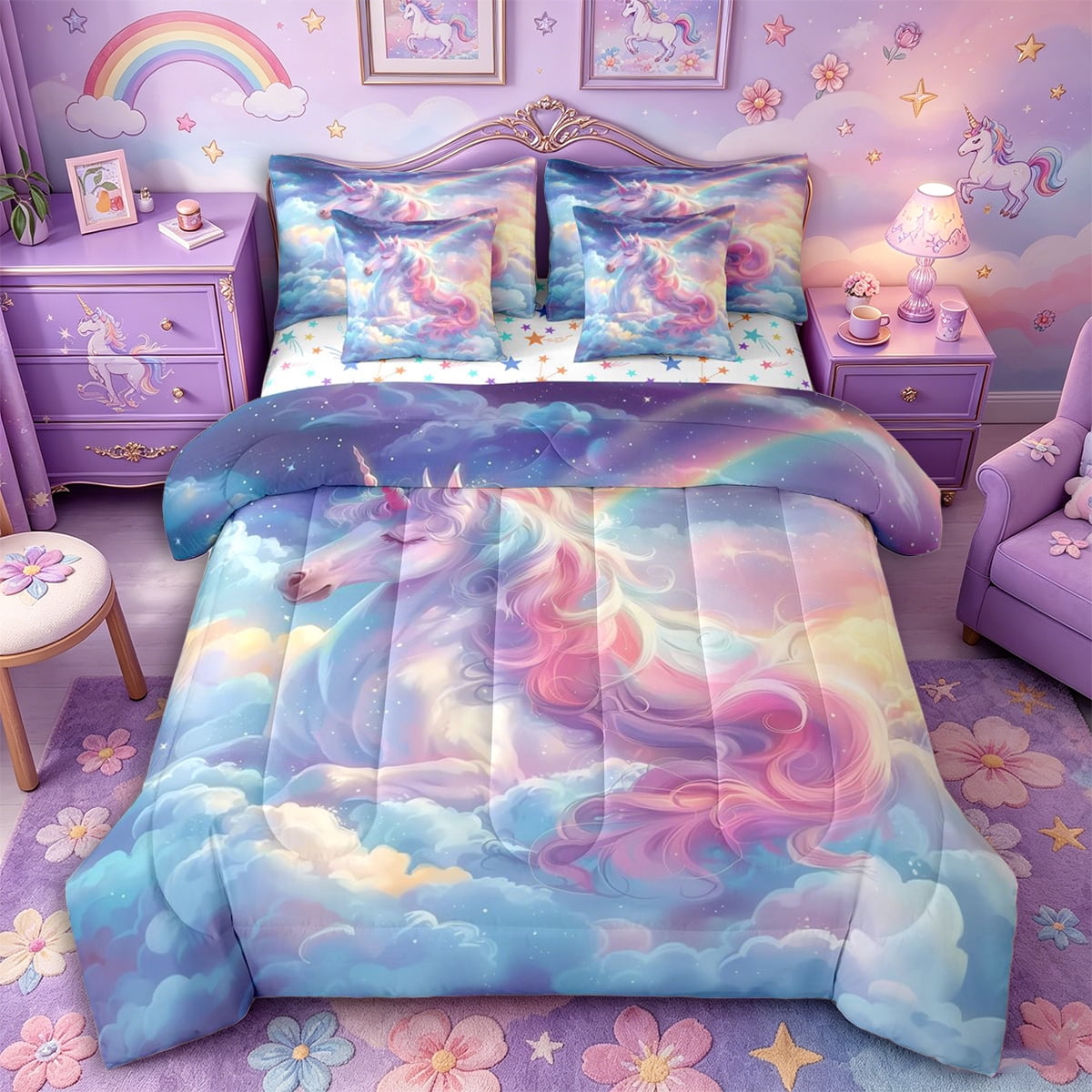 Aikeke Dreamy Princess Unicorn Full Size Bedding Sets 7 Pieces ...