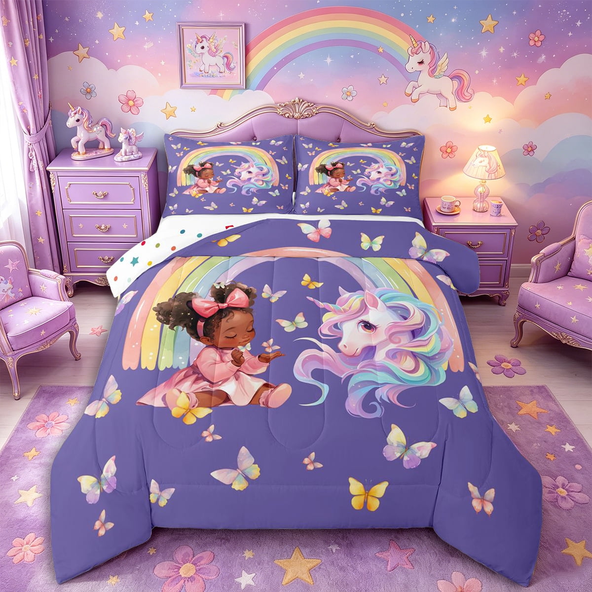 Aikeke Dreamy Unicorn Queen Comforter Set 3 Pieces, Kawaii Rainbow ...