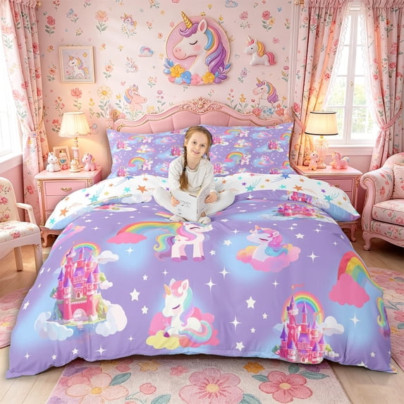 Aikeke Dreamy Unicorn Rainbow Duvet Cover Queen, Kawaii Castle Stars ...