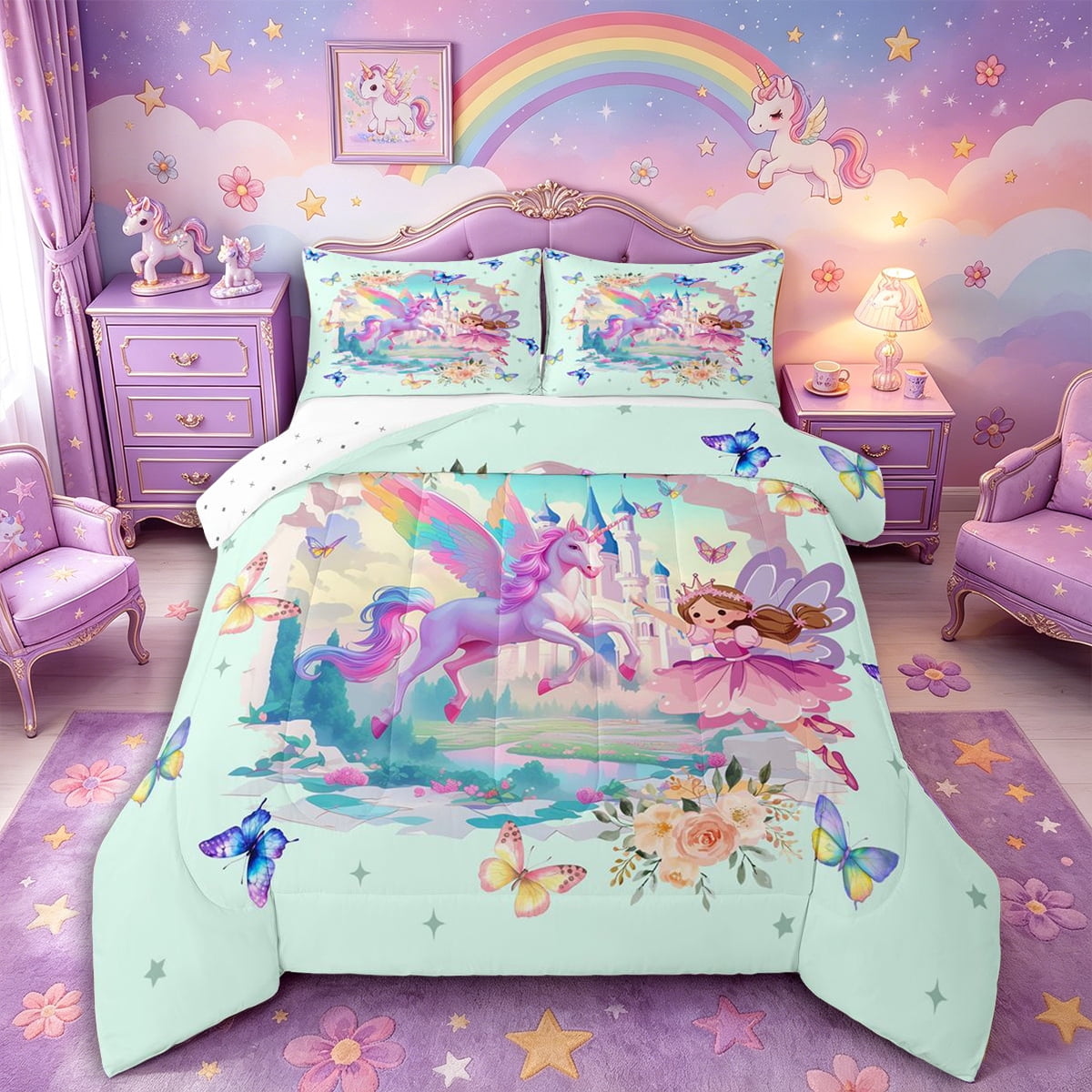 Aikeke Fairy Unicorn Castle Full Size Comforter Sets 3-Piece, Flying ...