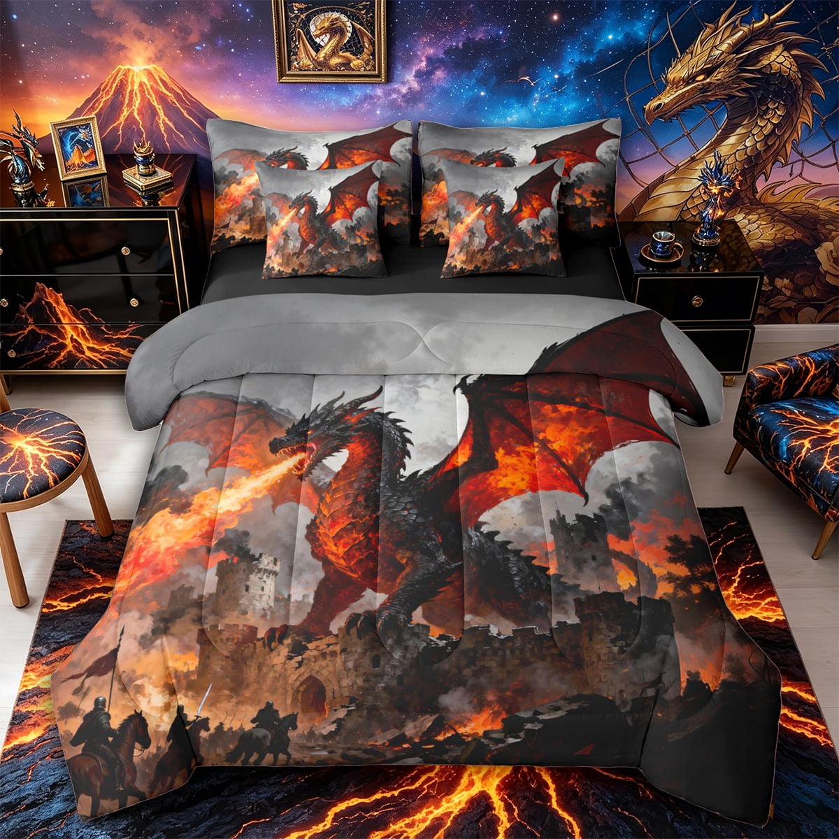 Aikeke Flame Dragon Full Size Bedding Sets 7 Pieces, Vintage Castle ...