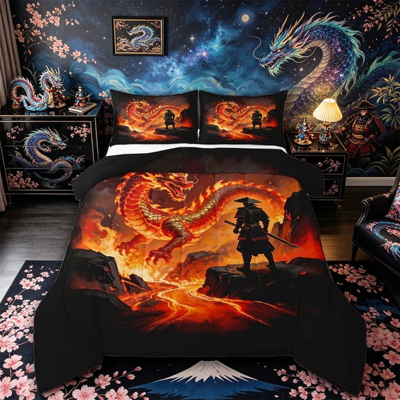 Aikeke Flame Dragon King Size Comforter Sets 3pcs, Japanese Samurai ...