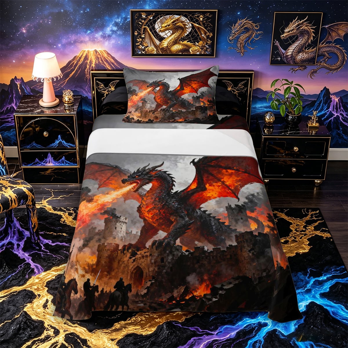Aikeke Flame Dragon Twin Sheets 3pcs, Vintage Castle Bedding, Black ...
