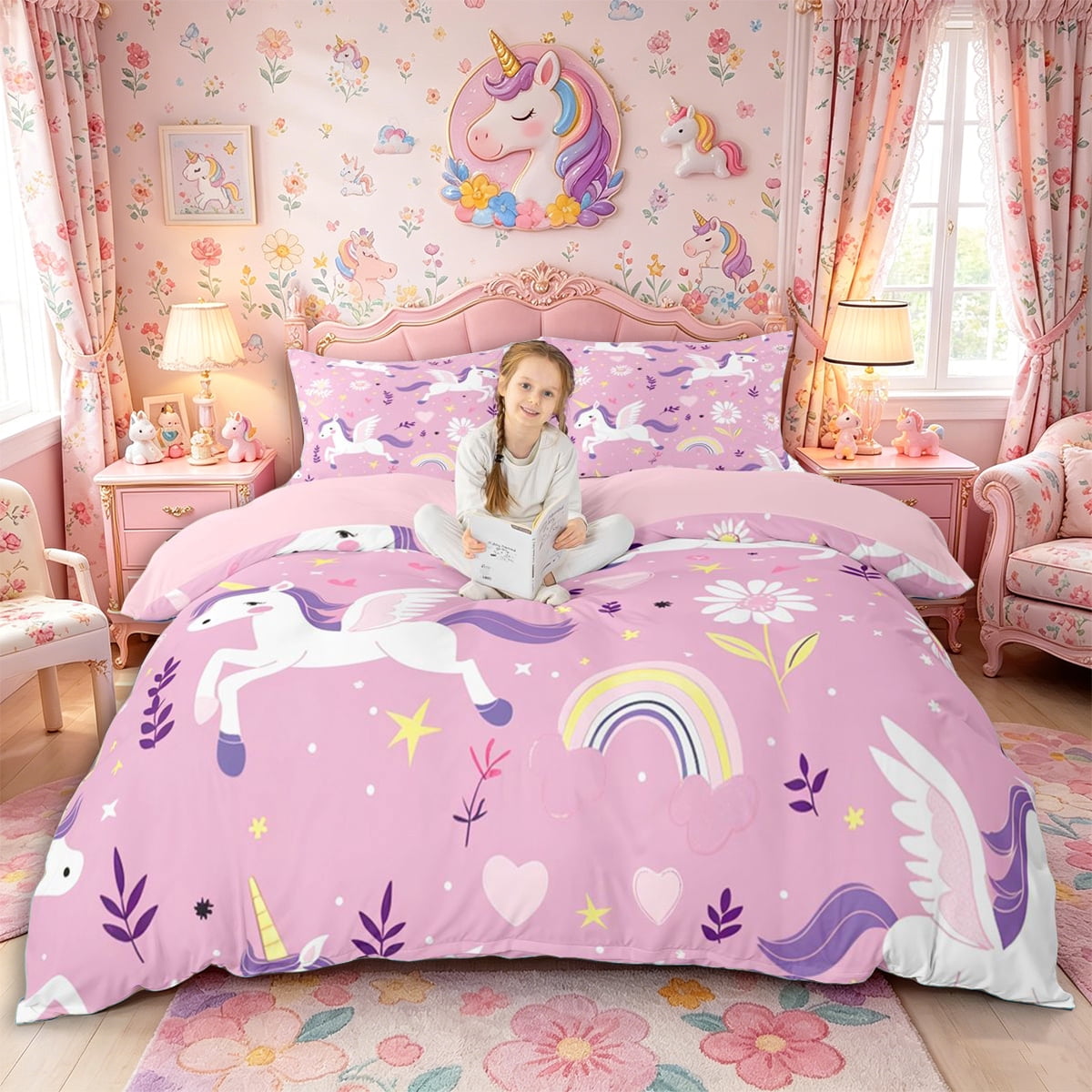 Aikeke Floral Unicorn Bedding, Rainbow Daisy Heart Duvet Cover Full ...