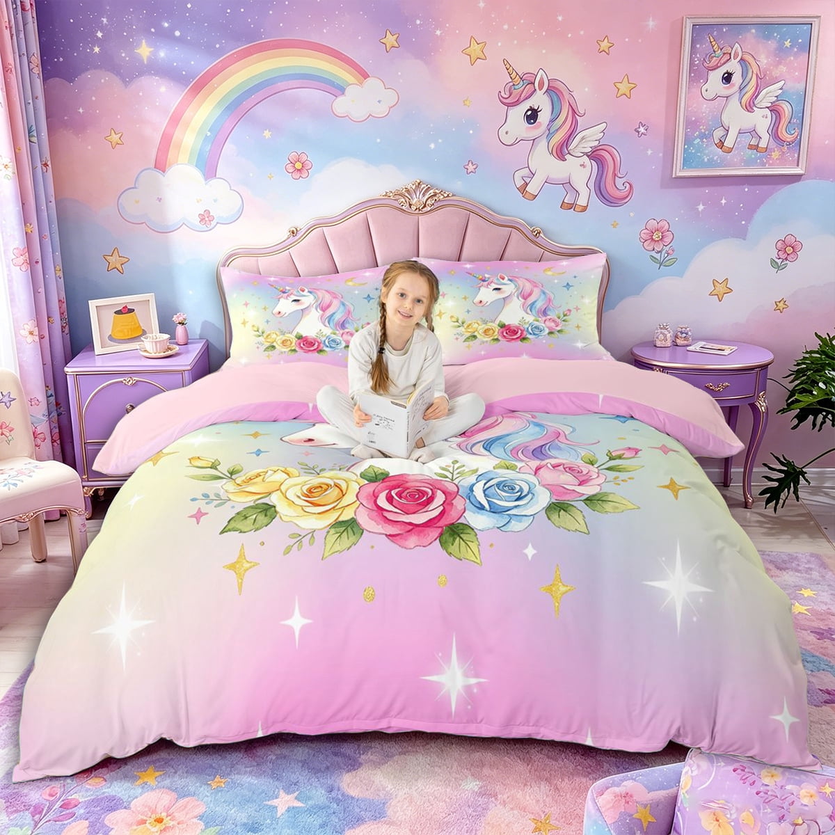 Aikeke Floral Unicorn Duvet Cover Queen, Cartoon Flowers Animal Queen ...