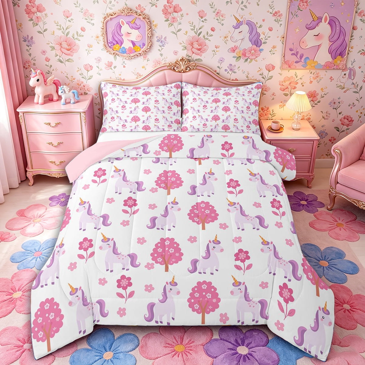 Aikeke Floral Unicorn King Size Comforter Sets 3pcs, Chic Flowers ...
