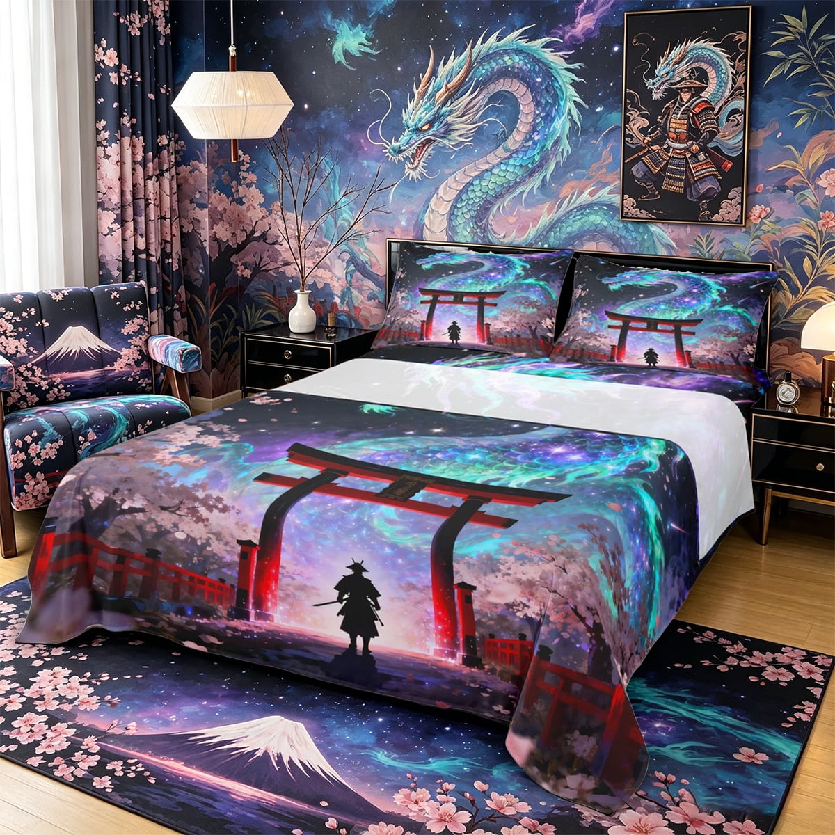 Aikeke Galaxy Gradient Dragon King Sheets 4pcs, Japanese Samurai Sakura ...