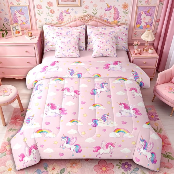 Aikeke Girly Unicorn Queen Bedding 7pcs, Cartoon Rainbow Stars Print ...