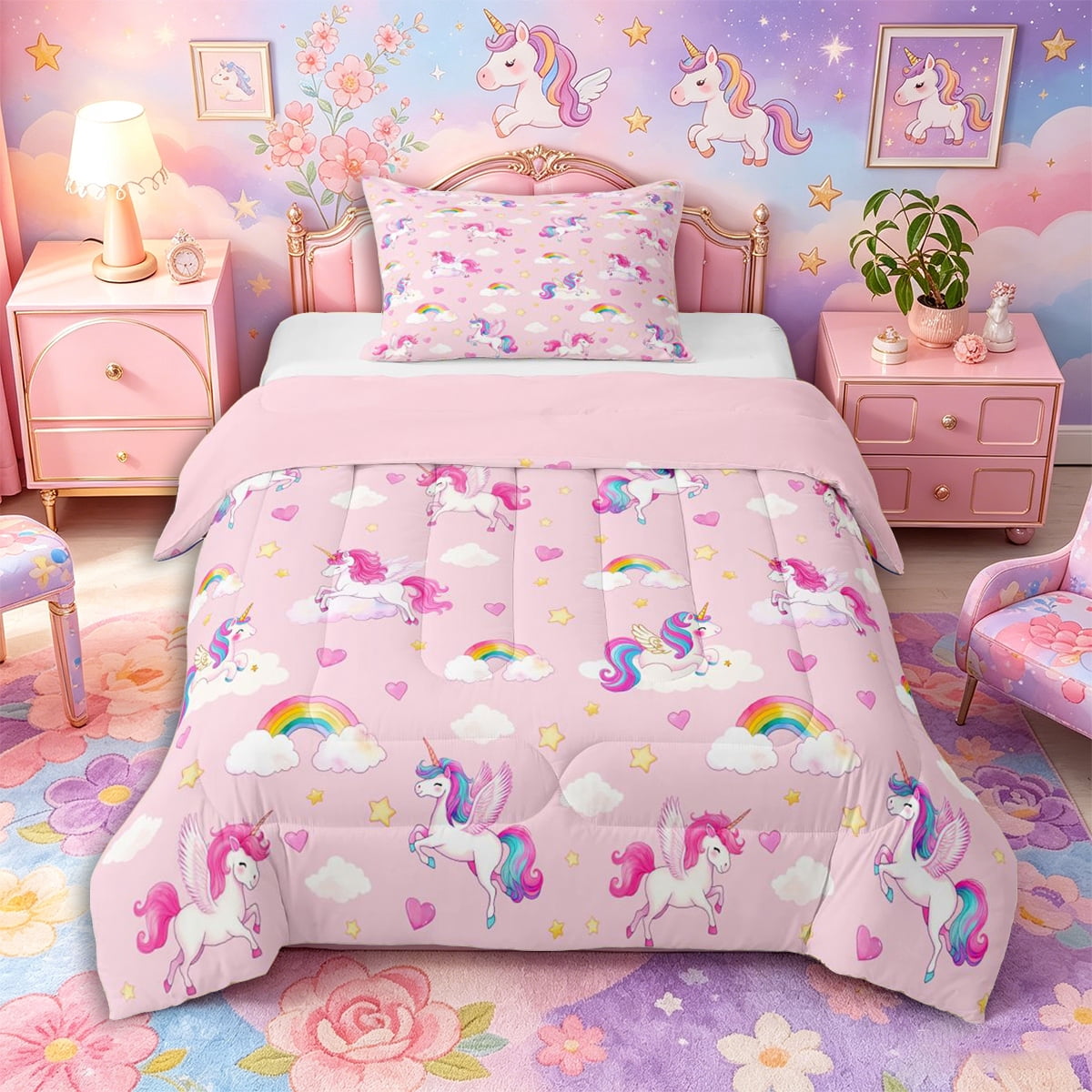 Aikeke Girly Unicorn Twin Comforter Sets 2pcs, Cartoon Rainbow Stars ...