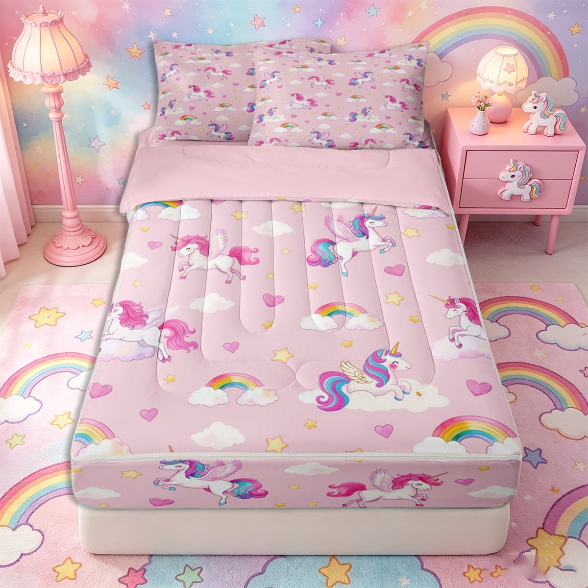 Metsweet Girly Unicorn Zipper Twin Comforter Sets with Fitted Sheet and ...