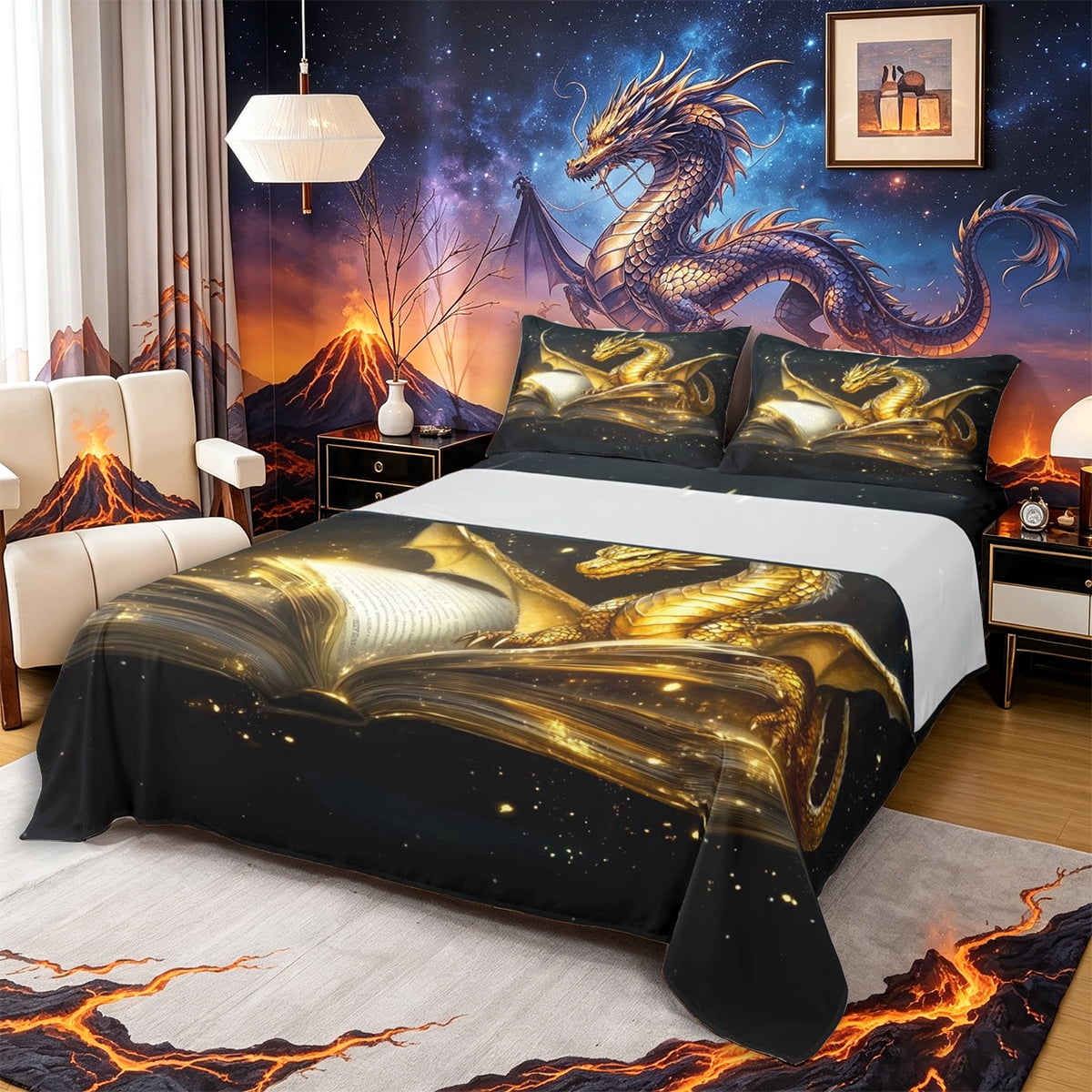 Aikeke Golden Dragon Bed Sheets 4-Piece, Magic Library Full Size Sheets ...