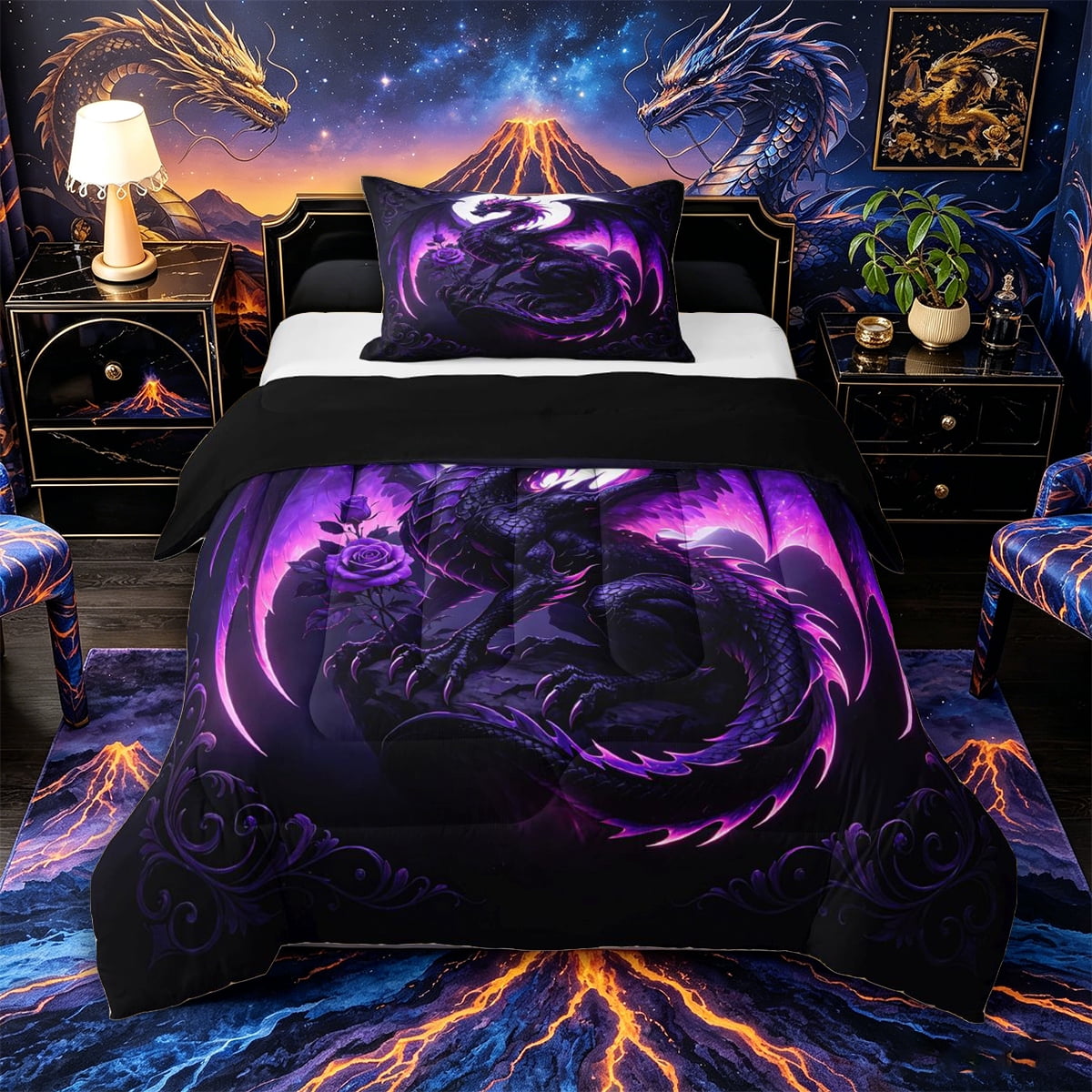Aikeke Gothic Dragon Twin Comforter Sets 2pcs, Romantic Purple Rose ...