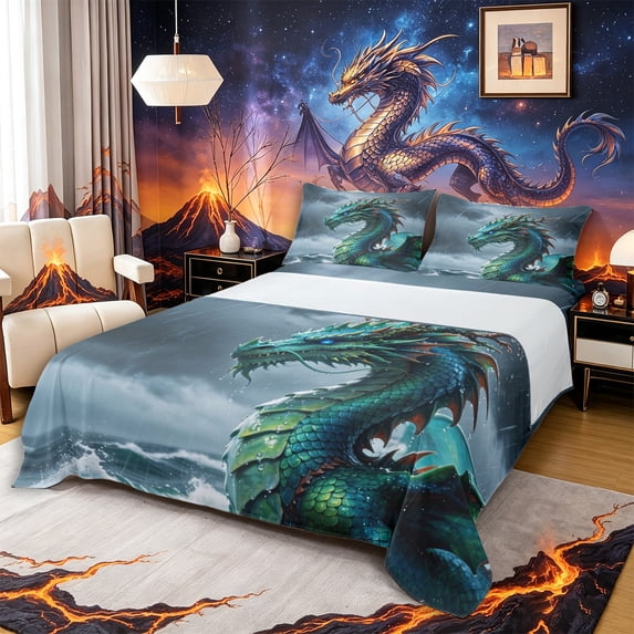 Aikeke Green Dragon Bed Sheets 4-Piece, Ocean Wildlife Full Size Sheets ...