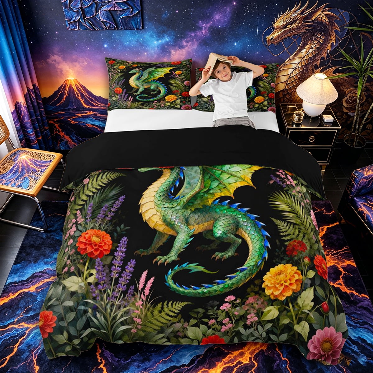 Aikeke Green Dragon Bedding, Chic Flowers Duvet Cover Full, Green Red ...